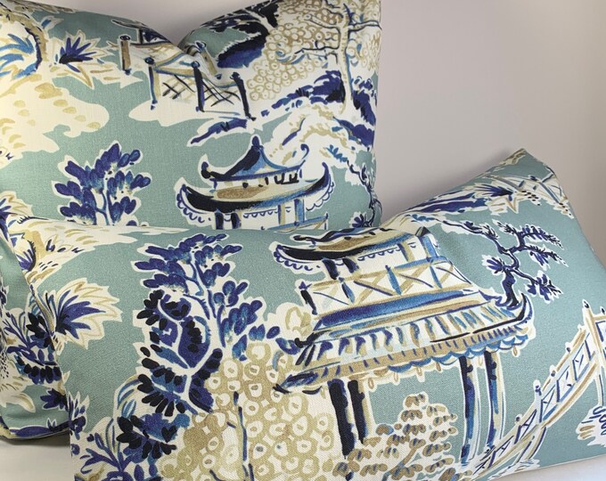 Chinoiserie Ming Toile Pagoda Lumbar Pillow Cover - Aqua - Cobalt Blue ...
