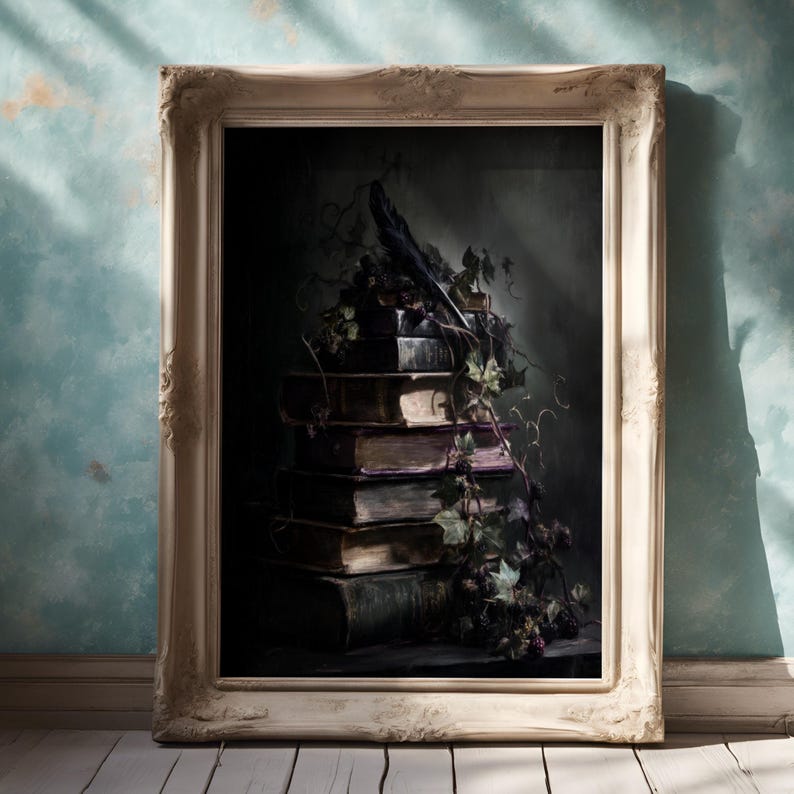 Dark Academia Book Wall Art Print, Vintage Book Stack With Feather and ...