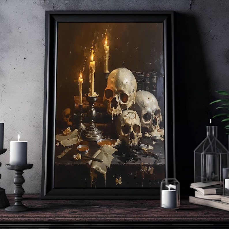 Gothic Skull Candle Still Life Wall Art, Dark Academia Vanitas ...