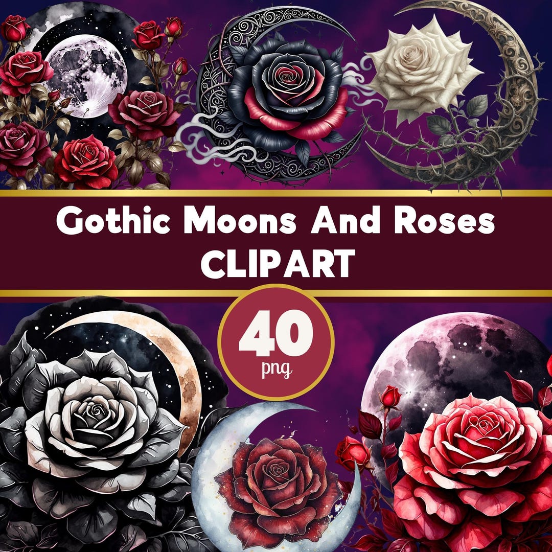 Gothic Moons and Roses Clip Art, Gothic Watercolour Bundle, Dark ...