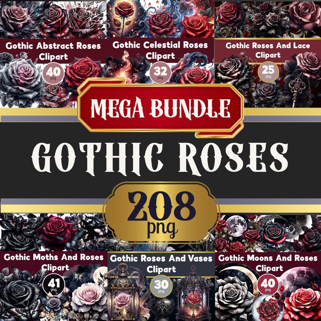 MEGA Gothic Roses PNG Clipart Bundle, Dark Romance Watercolour Floral ...