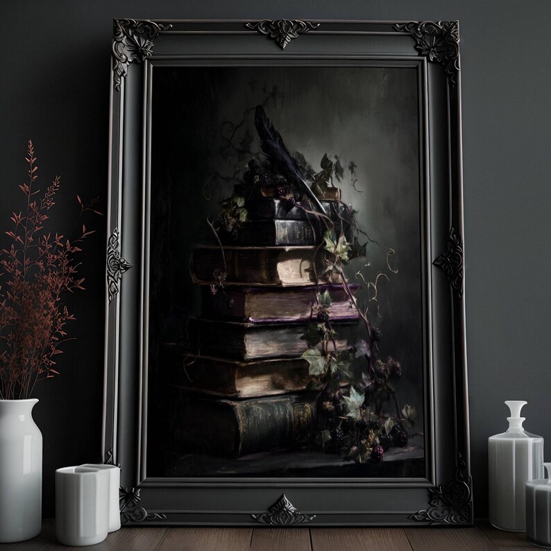Dark Academia Book Wall Art Print, Vintage Book Stack With Feather and ...
