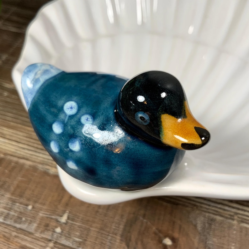 Majolica Blue Mallard Duck Shell Shaped Decorative Bowl / Trinket Dish ...