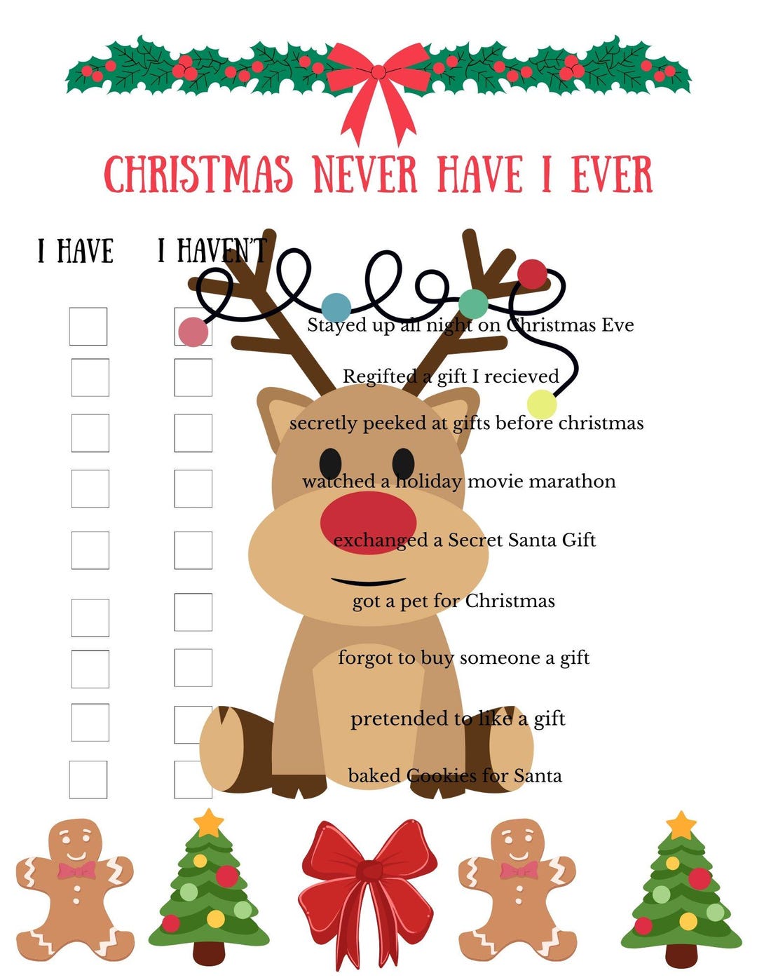 Christmas Never Have I Ever Game|| Printable|| Instant Download - Etsy