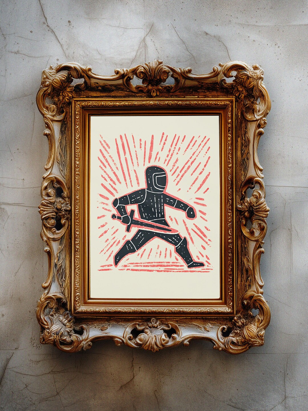 Linocut Style Knight Storming Into Battle | Medieval Home Decor ...