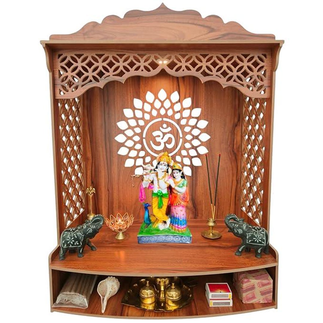 Wooden Pooja Mandir With LED Light & Storage Shelves - Indian Temple - Etsy