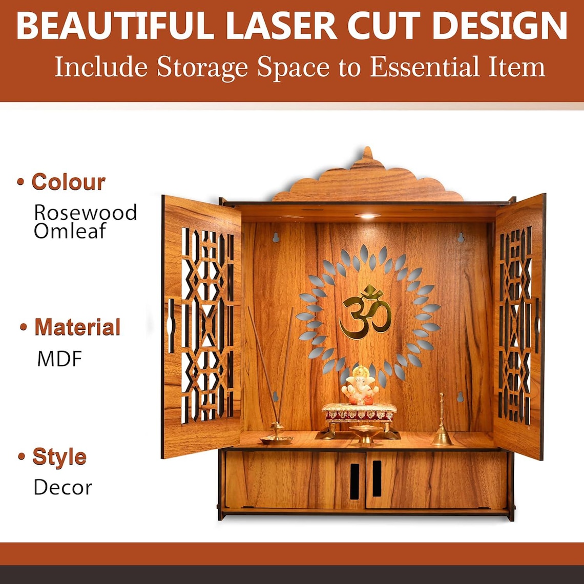 Large Wooden Temple Mandir: LED Lighting, Storage Cabinets, Wall Mount ...