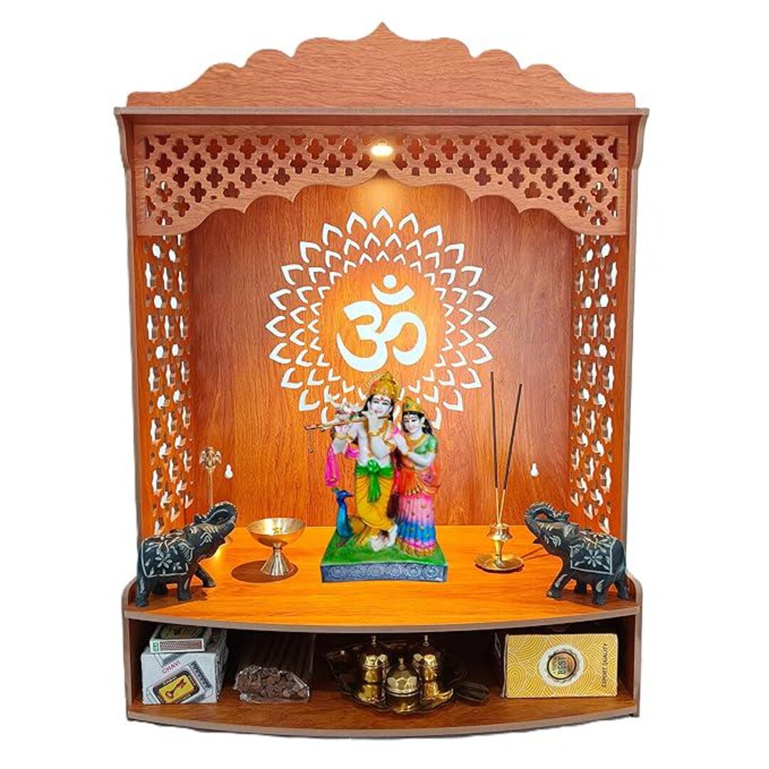 Wooden Pooja Mandir With LED Light & Storage - Traditional Home Temple ...