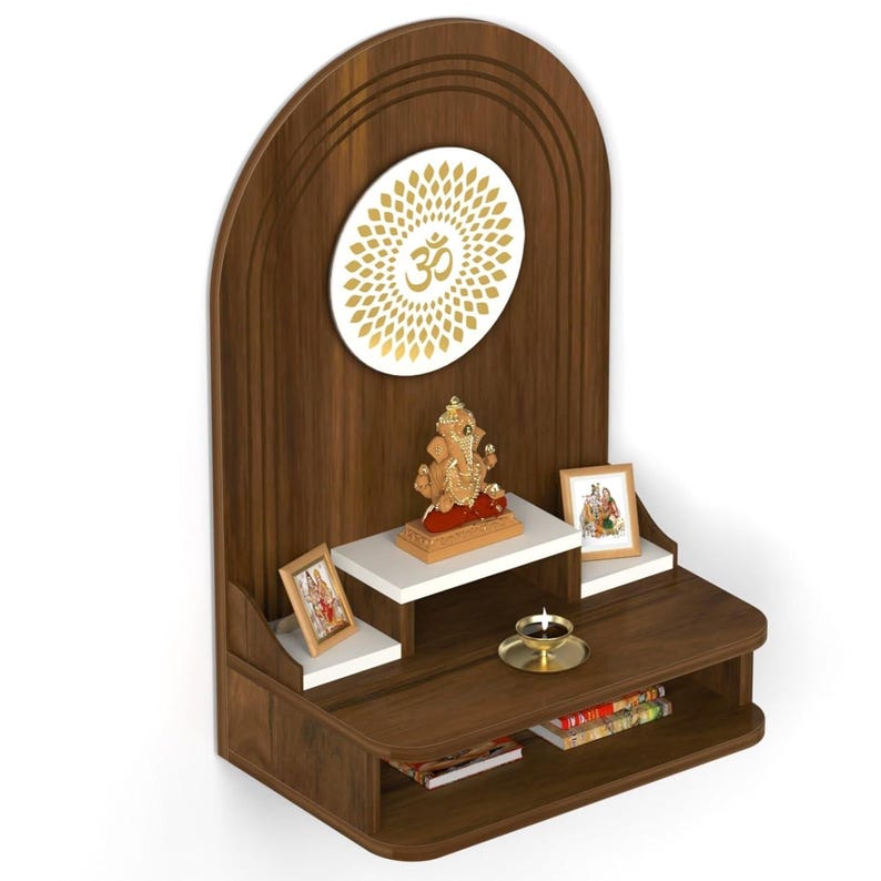 Wooden Temple Wall Mounted Pooja Mandir: Brown Maple & White Engineered ...