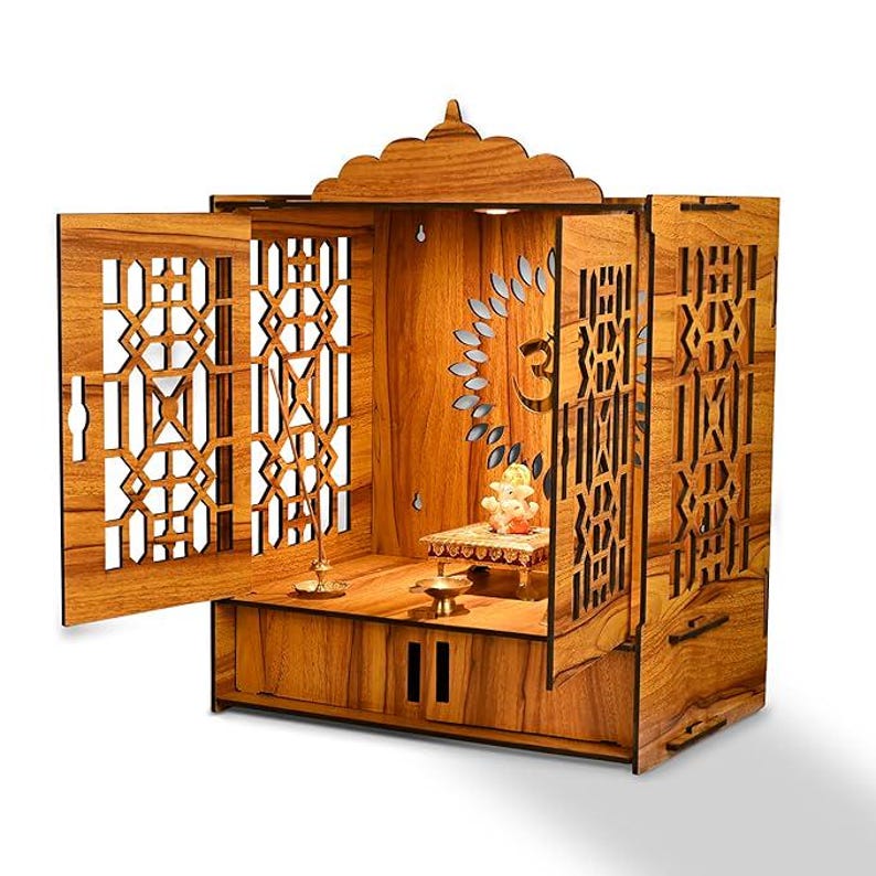Large Wooden Temple Mandir: LED Lighting, Storage Cabinets, Wall Mount ...