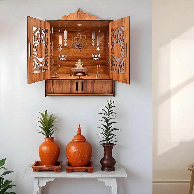 Wooden Pooja Mandir With LED Light & Storage - Wall Mount Home Temple ...