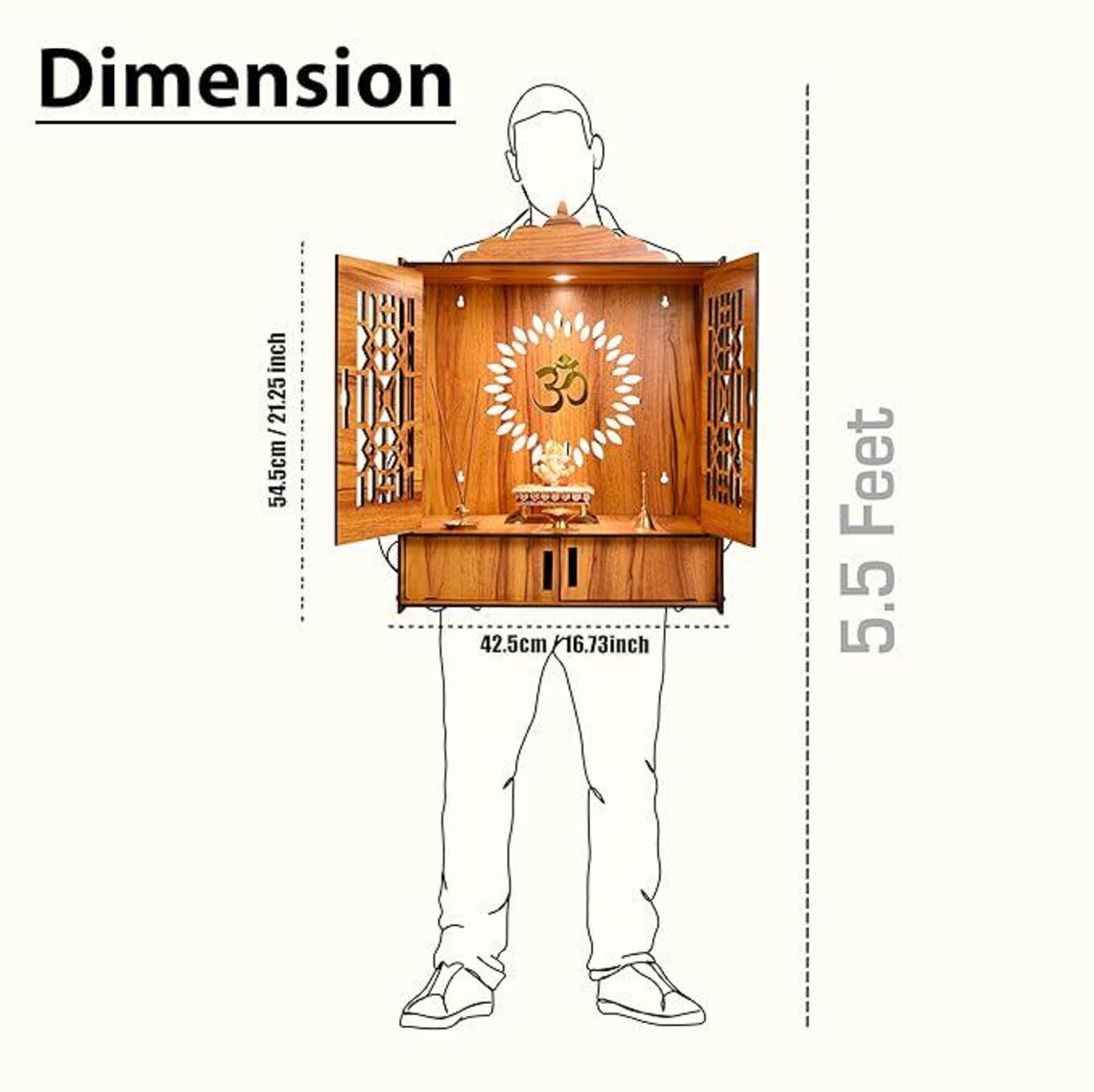 Large Wooden Temple Mandir: LED Lighting, Storage Cabinets, Wall Mount ...