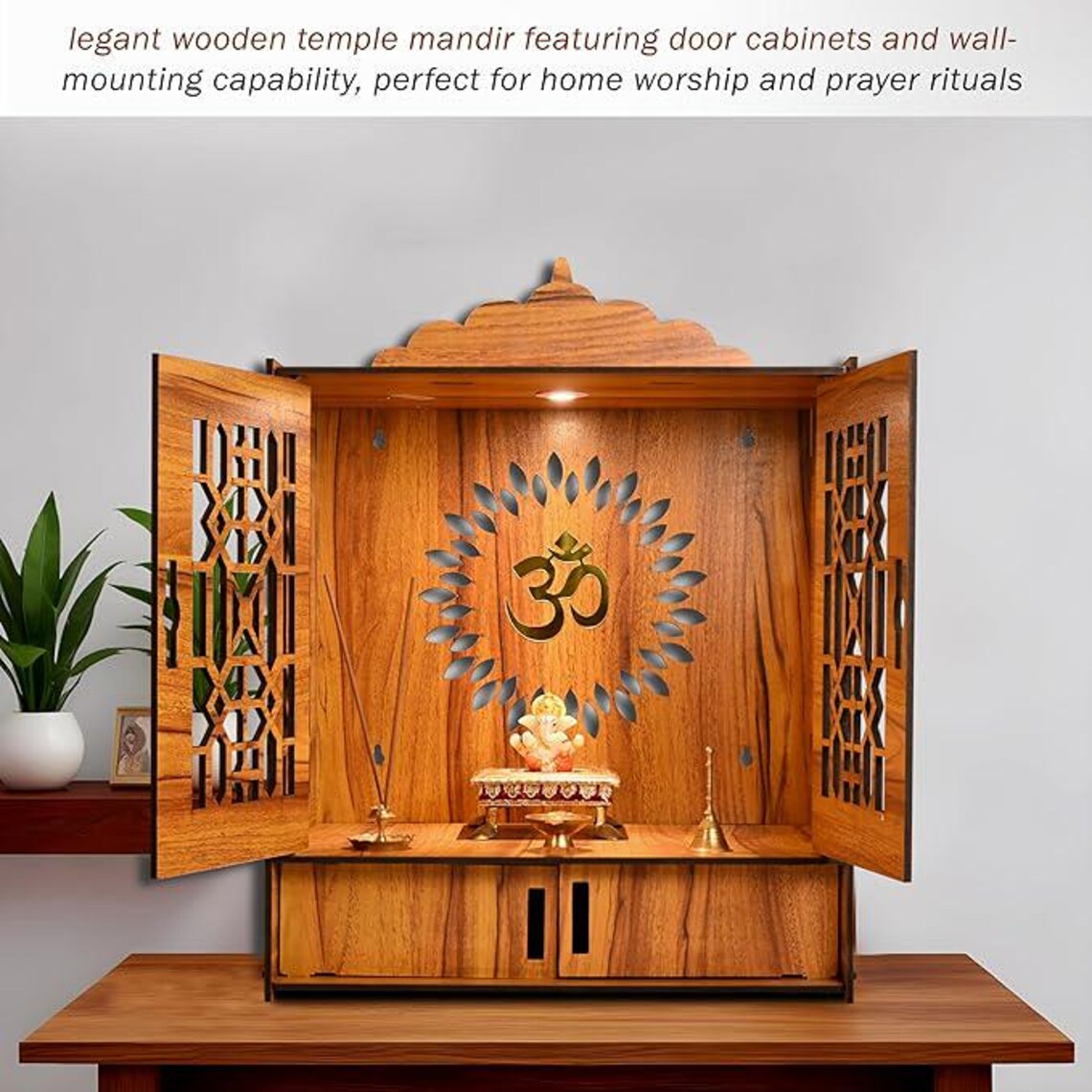 Large Wooden Temple Mandir: LED Lighting, Storage Cabinets, Wall Mount ...