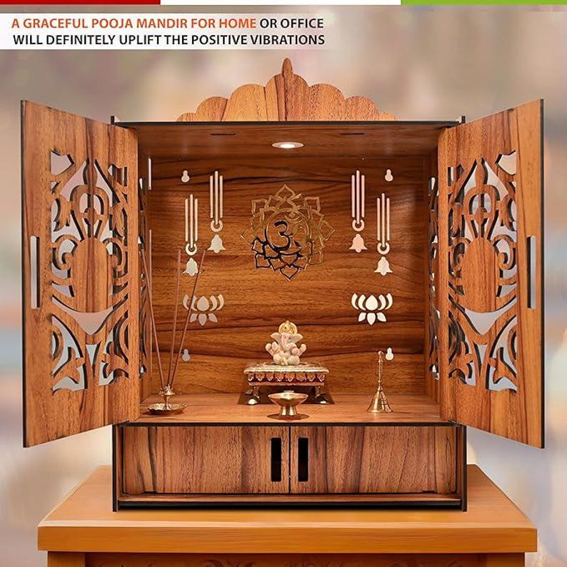 Wooden Pooja Mandir With LED Light & Storage - Wall Mount Home Temple ...