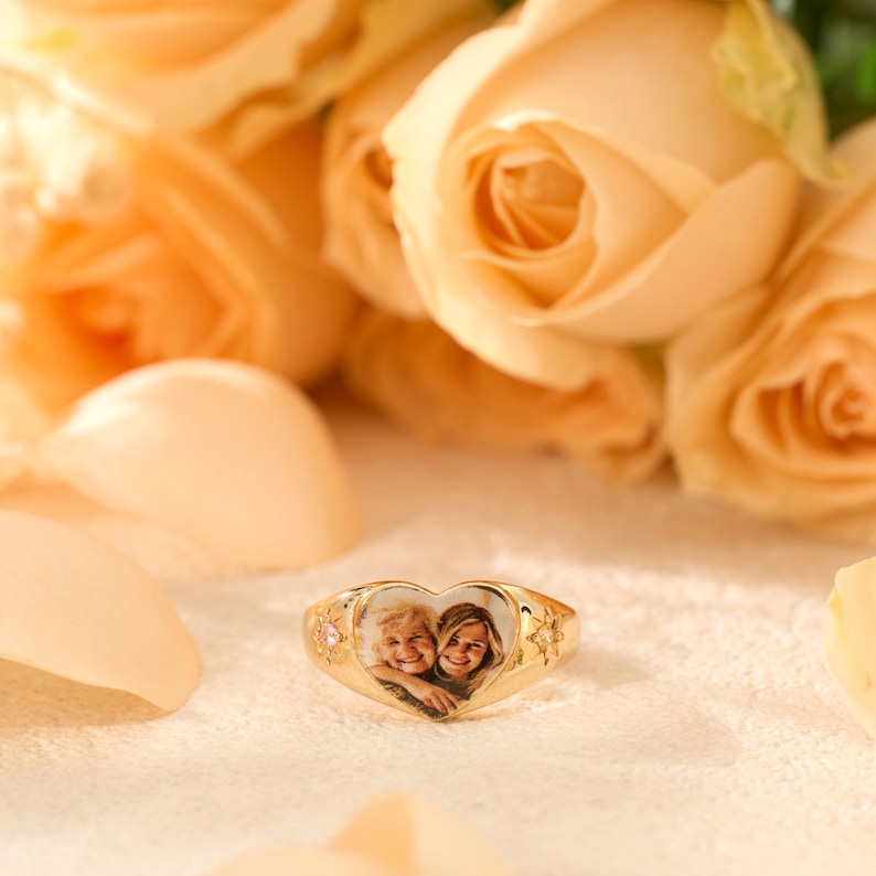 Personalized Heart Photo Ring With Two Birthstones – Custom Gold Ring ...