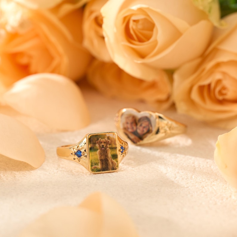 Personalized Heart Photo Ring With Two Birthstones – Custom Gold Ring ...