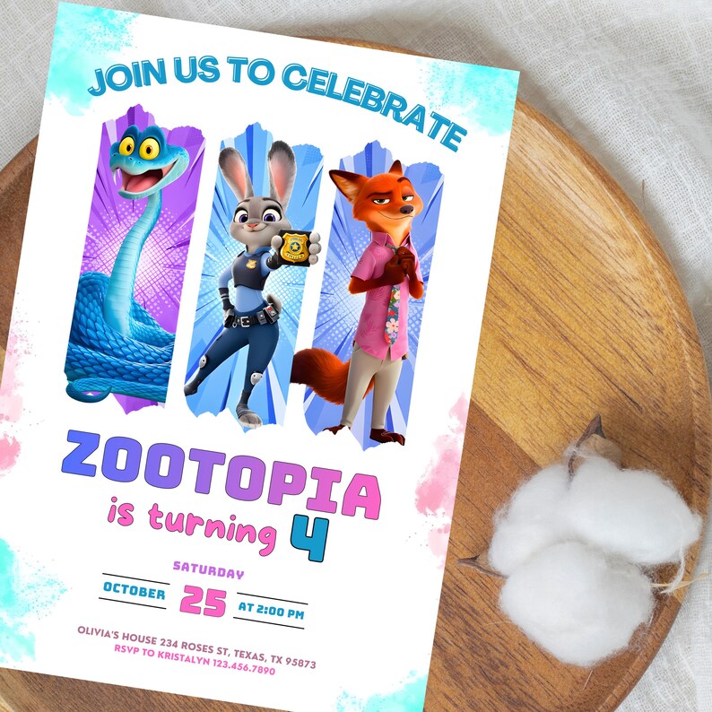 Zootopia Birthday Invitation, Editable Kids Party Invite (digital ...