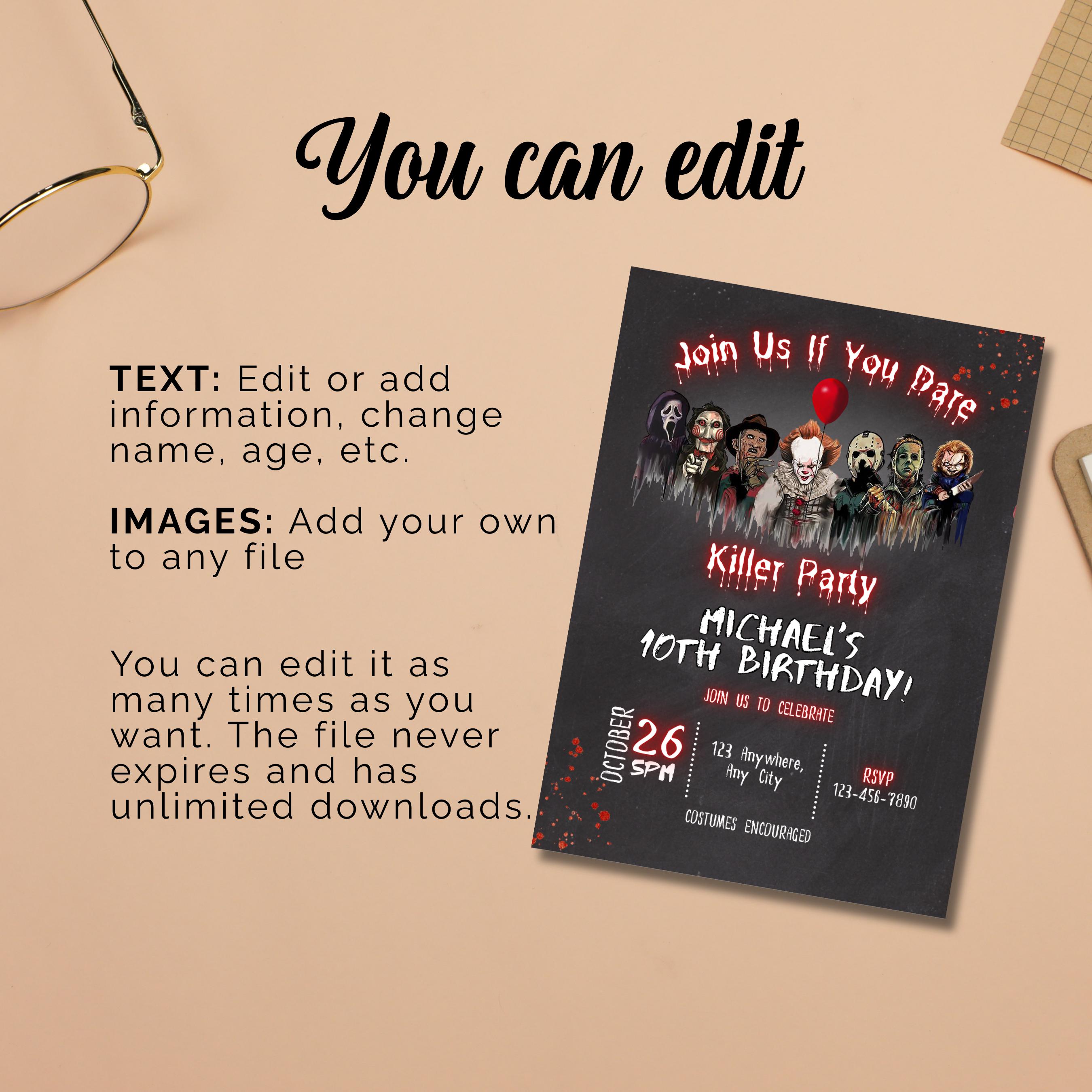 Killer Party Invitation, Editable Horror Birthday Template, Digital ...