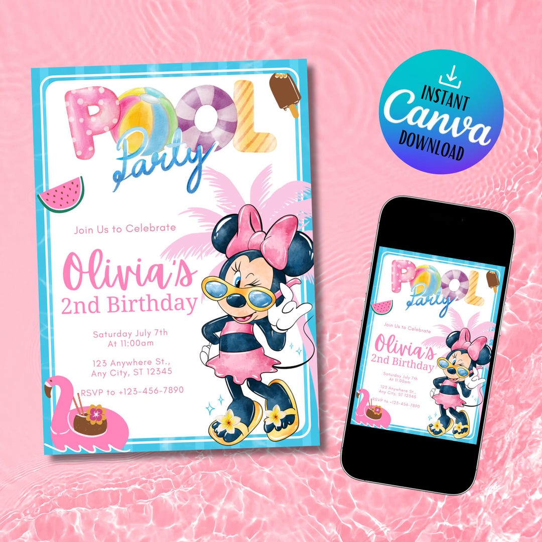Minnie Pool Party Invitation - Editable Digital Template for Summer ...