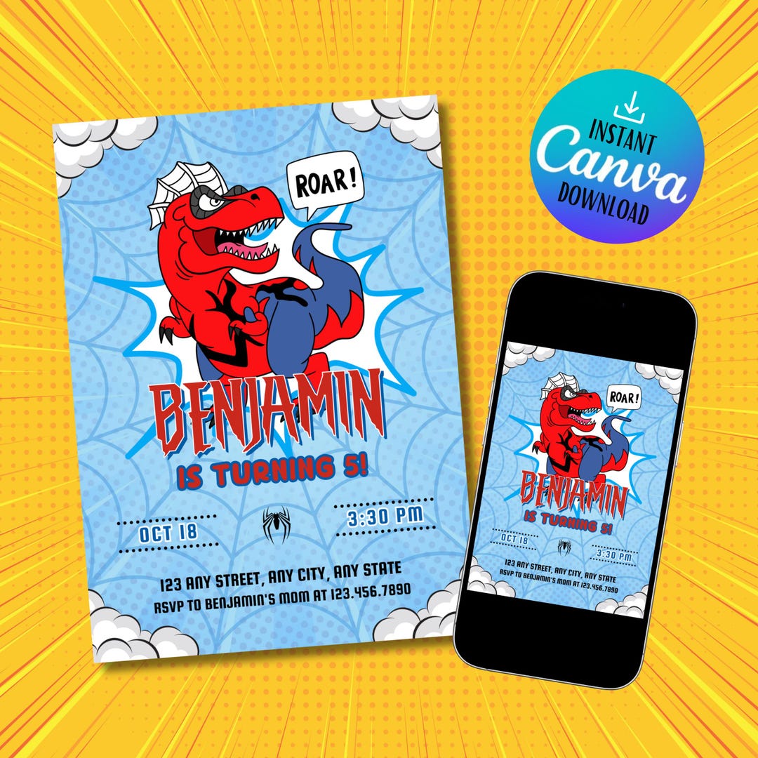 T-rex, Spidey Birthday Invitation, Editable Superhero Party Invite ...