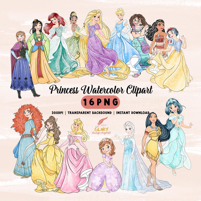 Watercolor Princess Clipart, Cute Fairy Tale PNG Bundle for Crafts ...