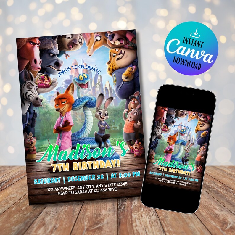 Zootopia Birthday Invitation, Editable Digital Template, Kids Party ...