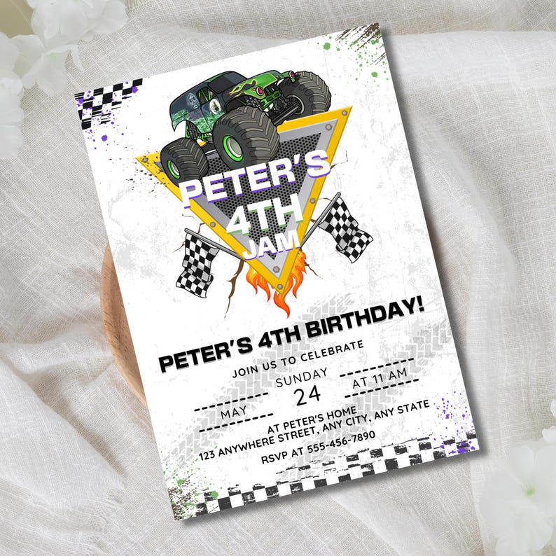 Monster Truck Birthday Invite, Canva Digital Invitation Template ...