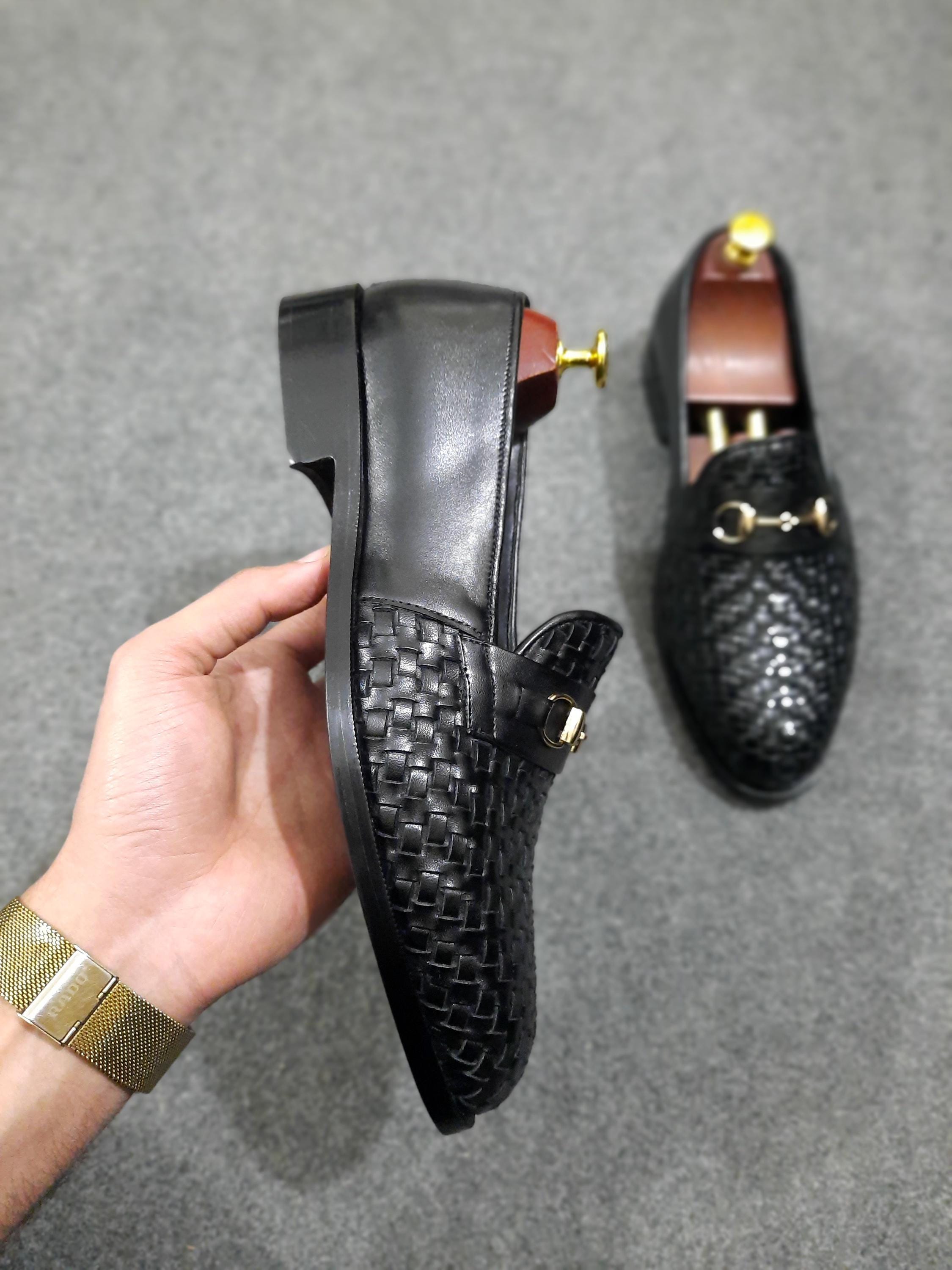 Handmade Black Woven Leather Bit Loafers - Men's Premium Chain Detail ...