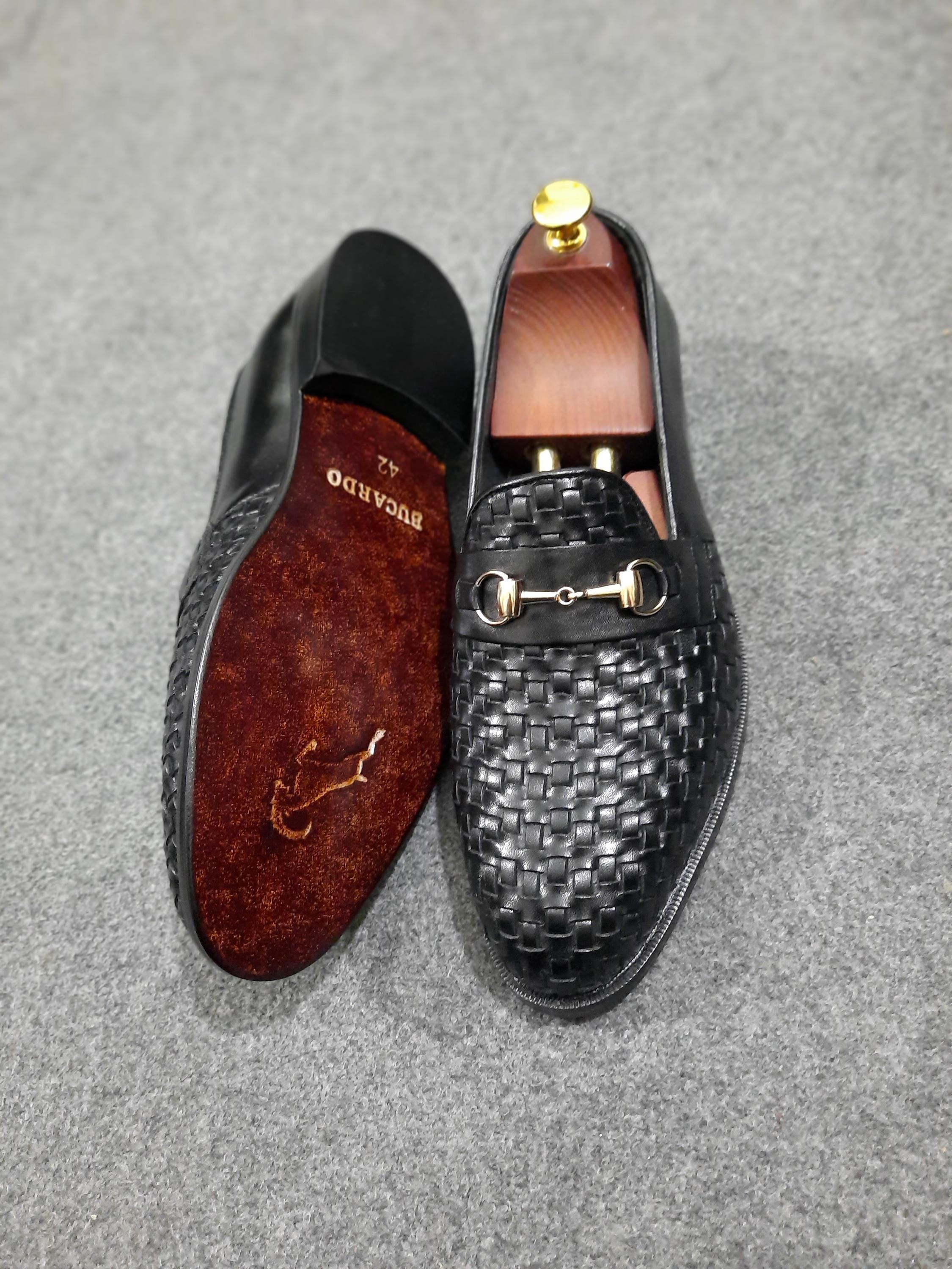 Handmade Black Woven Leather Bit Loafers - Men's Premium Chain Detail ...