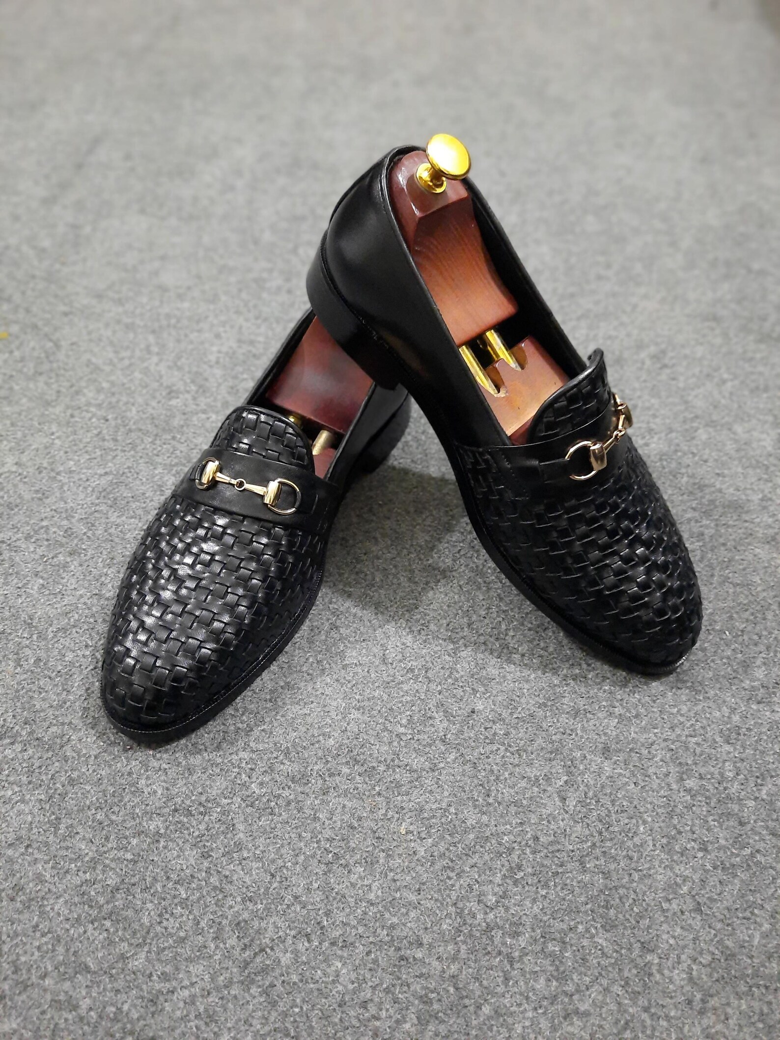 Handmade Black Woven Leather Bit Loafers - Men's Premium Chain Detail ...