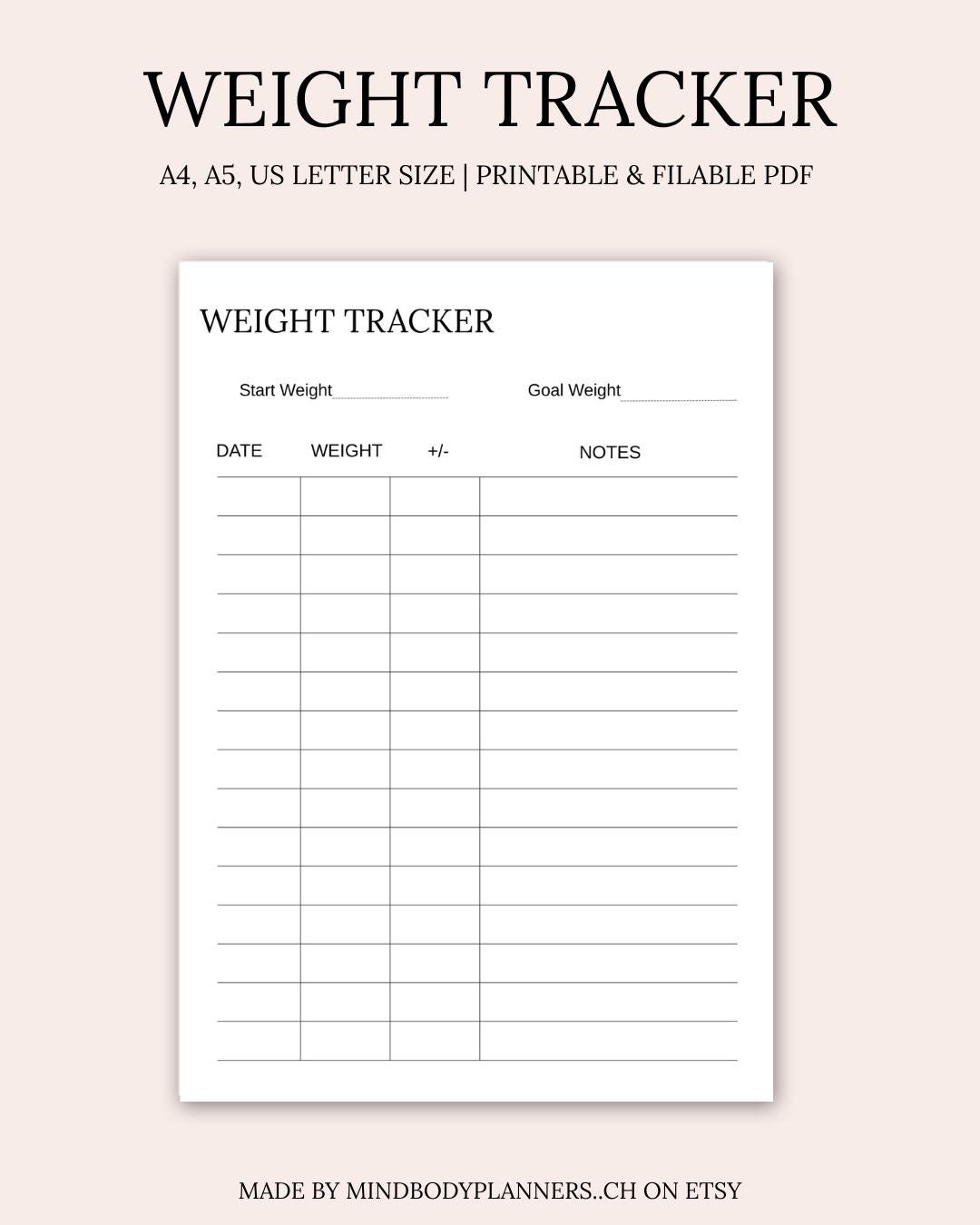 Printable Weight Tracker | Goal Setting, Fitness Log (digital Download ...