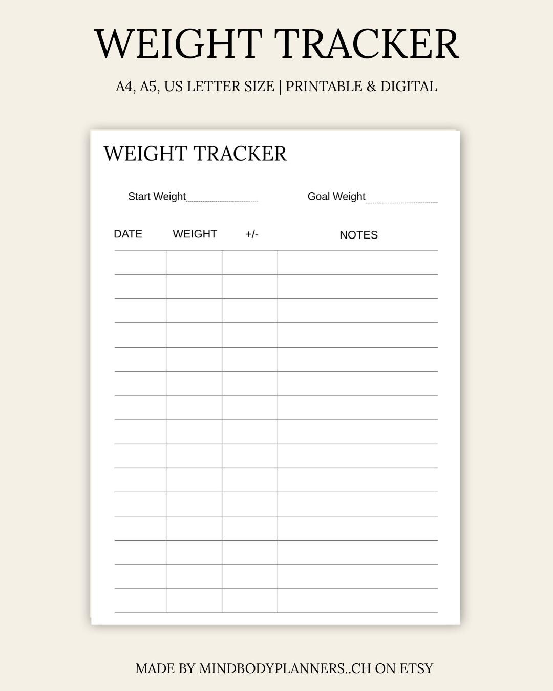 Printable Weight Tracker | Goal Setting, Fitness Log (digital Download ...