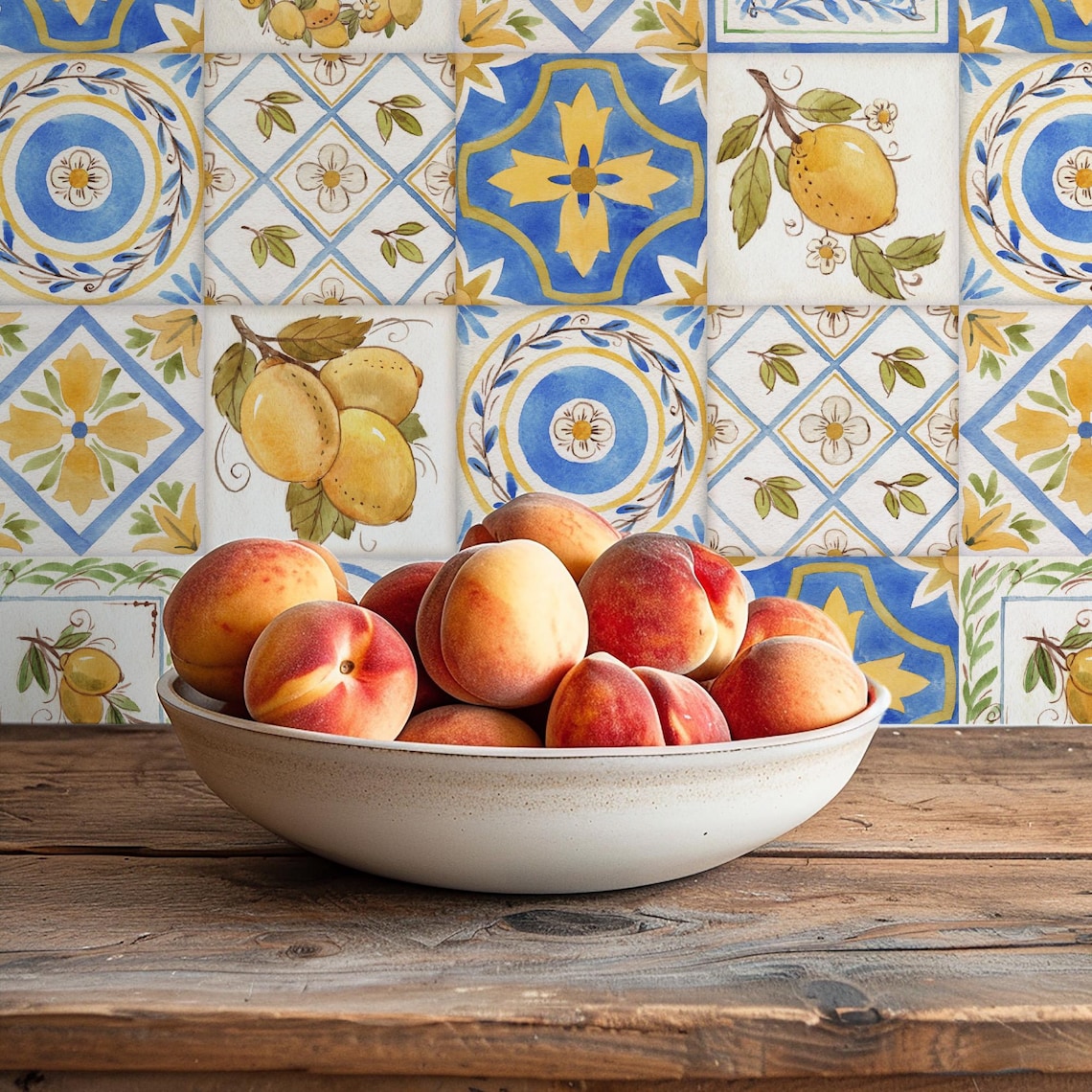 Mediterranean Lemon Tile Wallpaper – Blue Yellow Ceramic Pattern Mural ...
