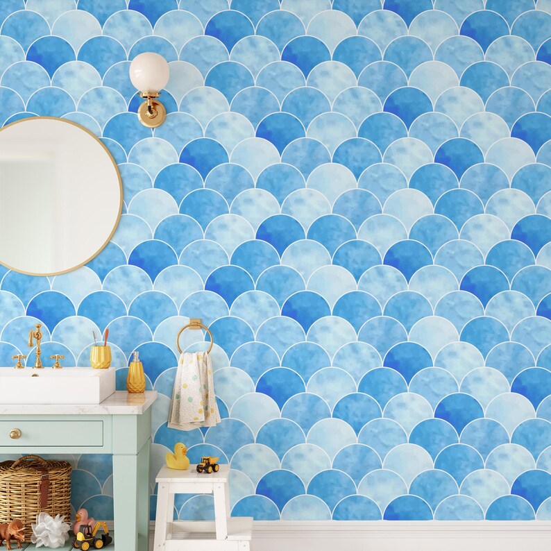 Blue Scallop Peel and Stick Wallpaper – Watercolor Mermaid Scale ...