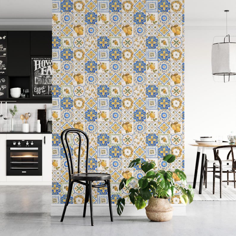 Mediterranean Lemon Tile Wallpaper – Blue Yellow Ceramic Pattern Mural ...