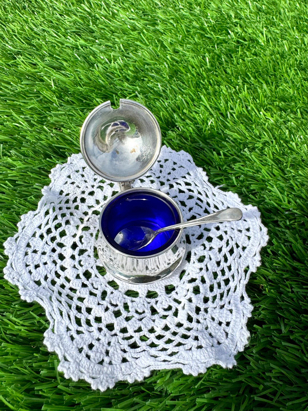 Vintage Salt Cellar With Blue Glass Liner and Spoon - Etsy