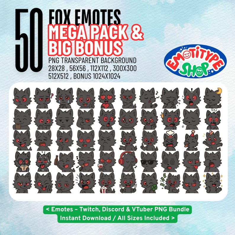 50 Fox Emotes PNG Pack , Twitch Discord Vtuber Chibi Bundle , Cute Dark ...