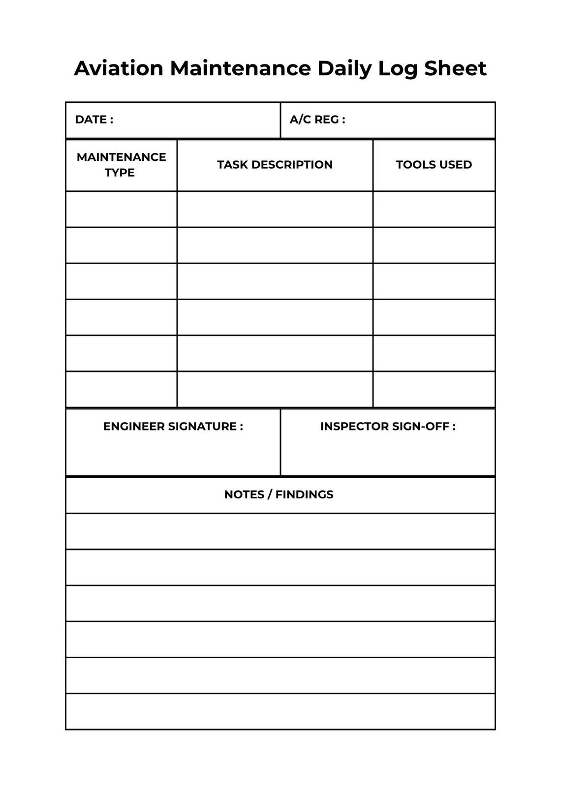 Aviation Maintenance Daily Log Sheet | Aircraft Engineer Log Template ...