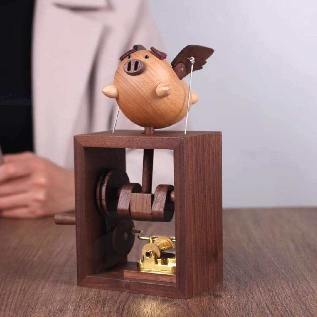 Hand-crank Wooden Flying Pig Music Box – Artisan Mechanical Pig ...