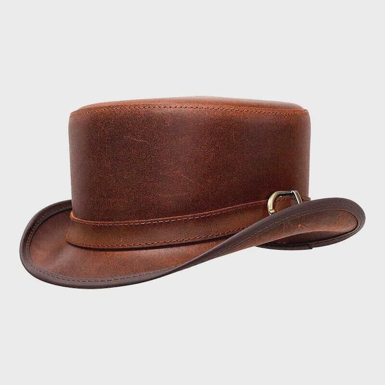 Men’s Leather Top Hat | Buckle Band Steampunk Deadman Biker Hat - Etsy