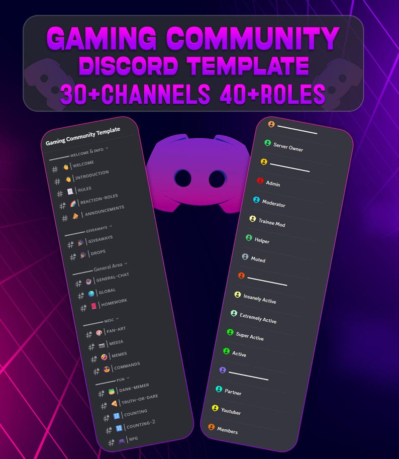 Gaming Community Discord Template | 30+ Channels, 40+ Roles - Etsy