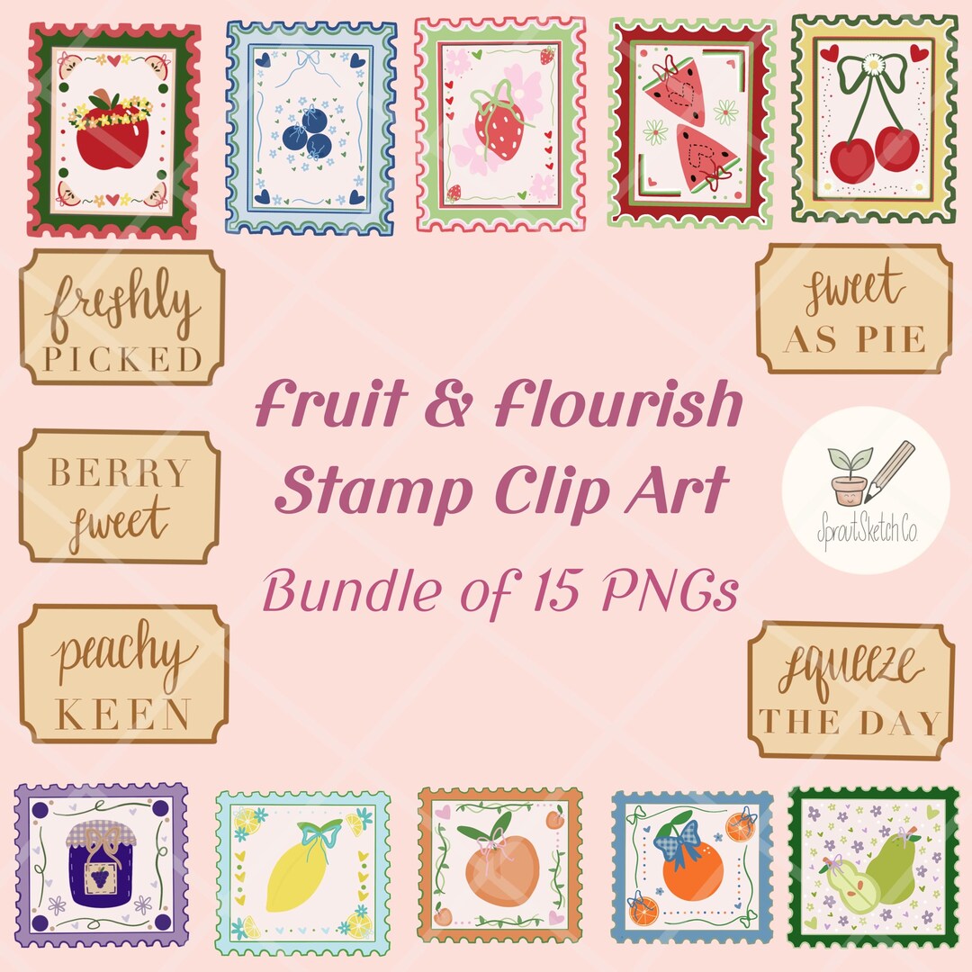 Fruit Stamp Clipart Bundle 300 DPI PNG Coquette PNG With Bows & Florals ...