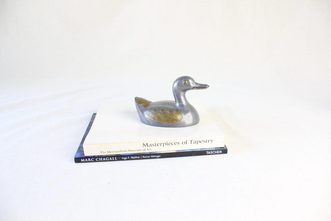 Mid-century Duck Paperweight | Pewter and Brass Inlay Animal Sculpture ...
