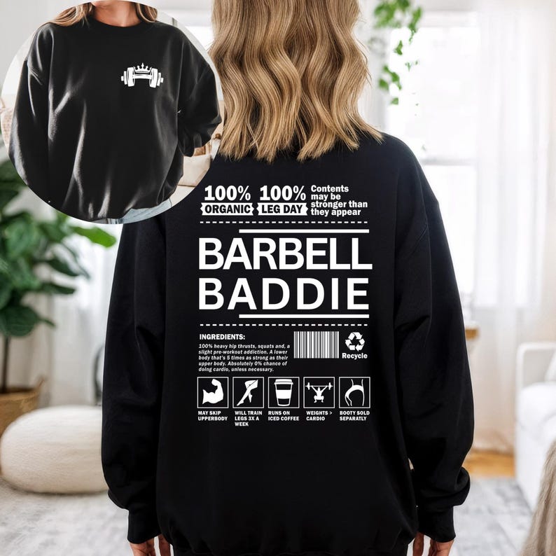 Barbell Baddie Sweatshirt, Gym Girl Crewneck Pump Cover, Cotton Muscle ...