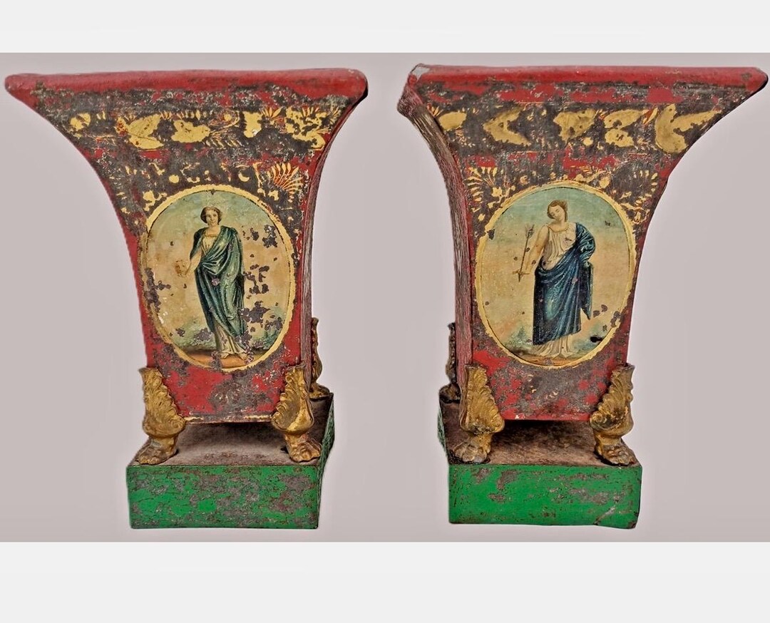 Good Pair of Regency Toleware Planters Painted With Classical Figures ...
