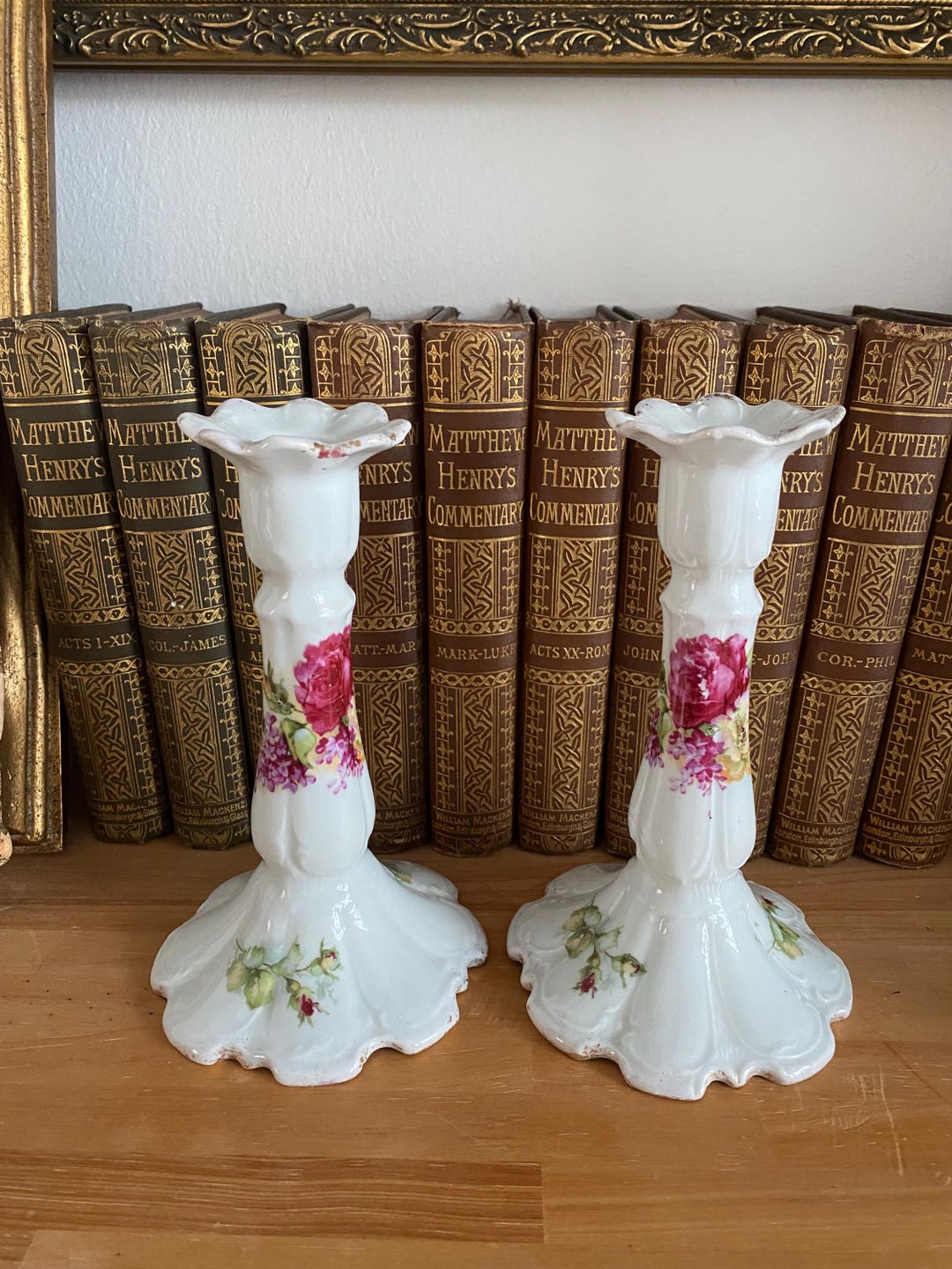 Pair Vintage Ceramic Candlesticks | Hand Painted Peonies & Hydrangeas ...