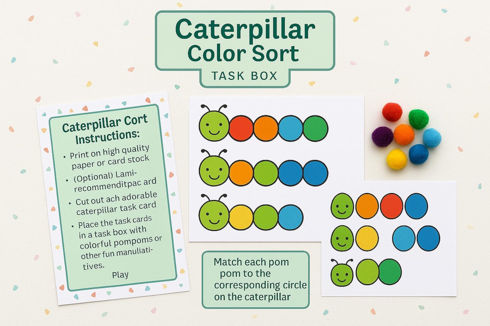 Caterpillar Color Sorting Task Box | Pom Pom Match Game (digital ...
