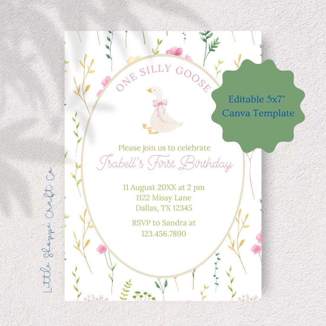 One Silly Goose Birthday Invitation, Girl 1st Birthday, Canva Template ...