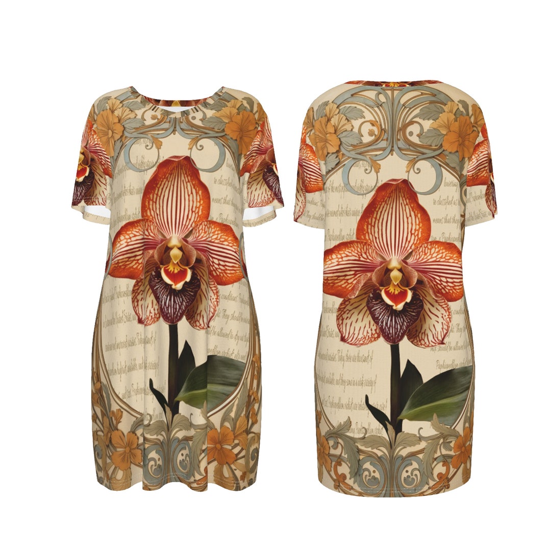 Elegant Orchid Botanical Print 100% Cotton Scoop Neck Dress | Loose Fit ...