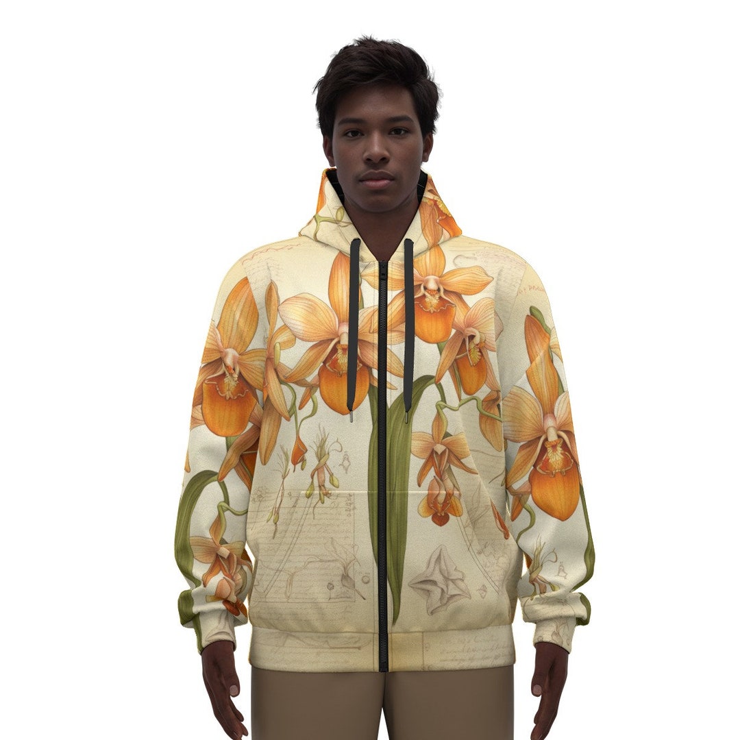 Orchid Botanical Print Unisex Hoodie With Zipper Closure 100% Cotton ...